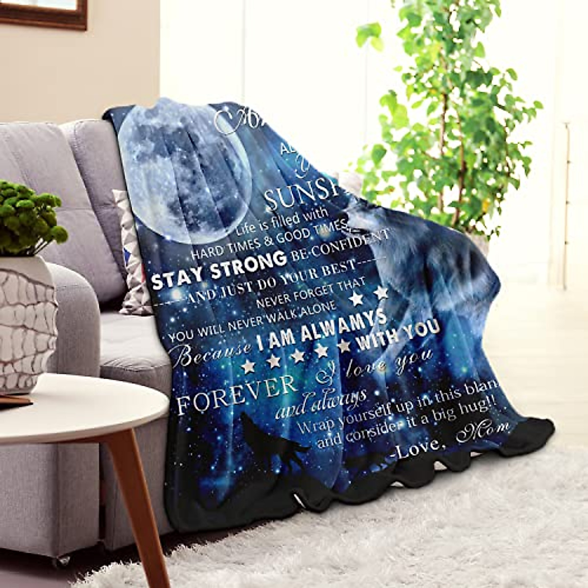 Son Gifts Blanket from Mom, to My Amazing Son Blanket 50" x 60" Birthday Gifts for Son, Ultra-Soft Fleece Moon Wolf Throw Blanket for Son Couch Sofa Travel, Best Graduation Gift Ideas