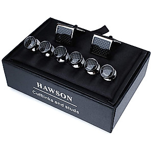 Mens Cufflinks and Tuxedo Studs Set in Gift Box (Carbon Fiber), Jewelry or Accessories in Gold Silver Black Tone, Matching with Shirts Vest and Bow tie, Suitable for Birthday Wedding Anniversary