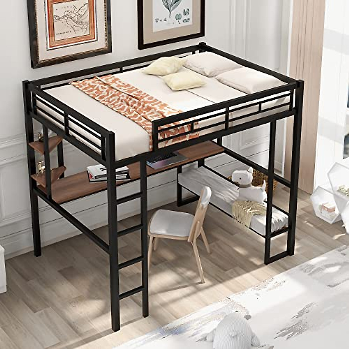 MOEO Twin Over Full L-Shaped Bunk Bed & Twin Size Loftbed with Built-in Desk for Bedroom, Adults, Kids, No Spring Box Required, Black
