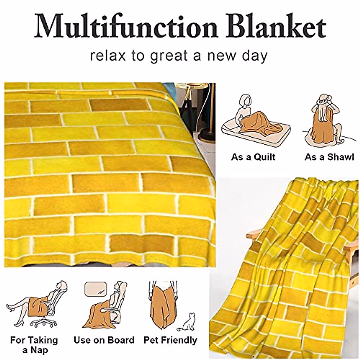 Yellow Brick Road Blanket for Bed Couch Sofa,Yellow Mosaic Tiles Throw Blanket,Soft Cozy Plush Warm Fuzzy Lightweight Microfiber Fleece Blanket for Adults Teens Kids 60"X50"