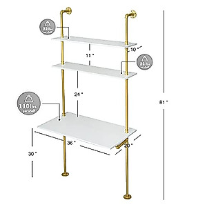 MAIKAILUN White and Gold Desk, 36" Ladder Desk, Wall Mount Computer Writing Table Pipe Shelf Shelving Mini Narrow Industrial Modern for Small Spaces(36x20x81)