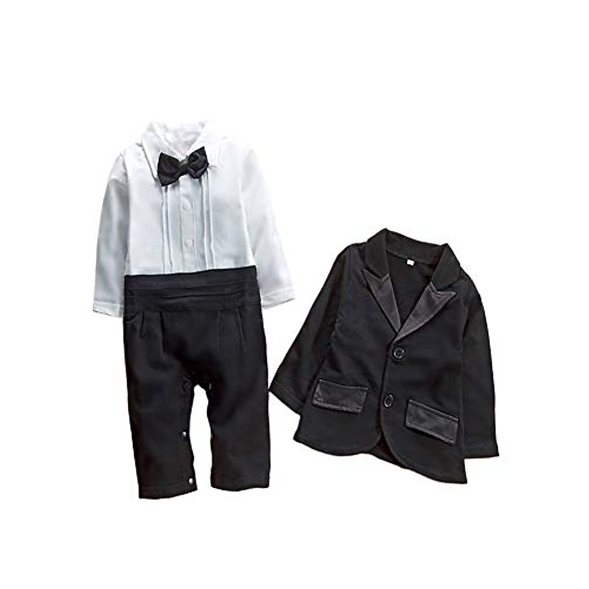Bilo Store Newborn Infant Baby Boys Tuxedo Bow Tie Jumpsuit Romper and Black Jacket 2-pc Formal Wear Suit 3-6 Months