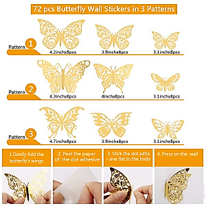 Trubetter 72Pcs 3D Gold Butterfly Wall Decor - Removable Stickers Wall Decor Room Mural for Party Cake Decoration Metallic Fridge Sticker Kids Bedroom Nursery Classroom Wedding Decor DIY Gift