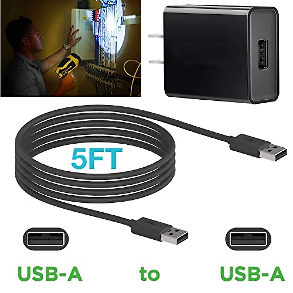 Replacement Charger Adapter USB to USB Charging Cable for Stanley Fatmax Spotlight, Stanley SL10LEDS, SL10LEDSL, TL450, TL600, SAT3S, SS4LS, Zero Trace TL1KPZ TL1KPS BB24PS Flashlight Power Cord (5Ft)