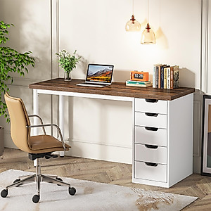 Tribesigns 47 inches Vanity Desk with 5 Drawers, Rustic Brown Makeup Vanity Table Dressing Table with Storage, Modern Simple Computer Desk for Women, Girls