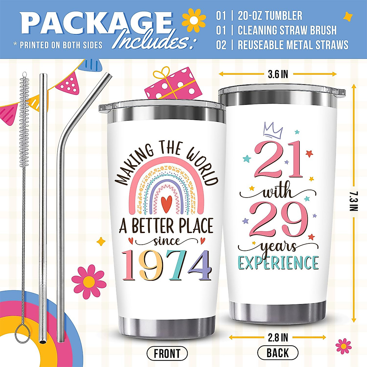 ZAGKOO 50th Birthday Gifts for Her, Women 1974-50th Birthday Decorations, Cool 50 Year Old Gifts, Making World Better Since 1974 - Funny Happy Turning 50 Gifts for Sister, Friend - 20oz Tumbler Cup
