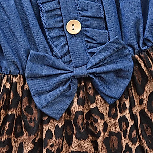 Toddler Baby Girl Long Sleeve Fall Dress Infant Denim Leopard Ruffle Dresses Cheetah Outfit, Blue, 2-3T