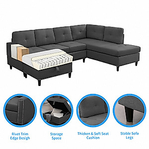 PUREMIND Modular Sectional Sofa, Convertible L Shaped Sectional Couches with Reversible Storage Ottoman for Living Room, Linen 5 Seats U Shaped Sofa Sleeper with Cup Holder (Dark Grey)