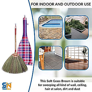 Asian Natural Grass Broom with Bamboo Stick Embroidery Woven Nylon Thread Top of Handle