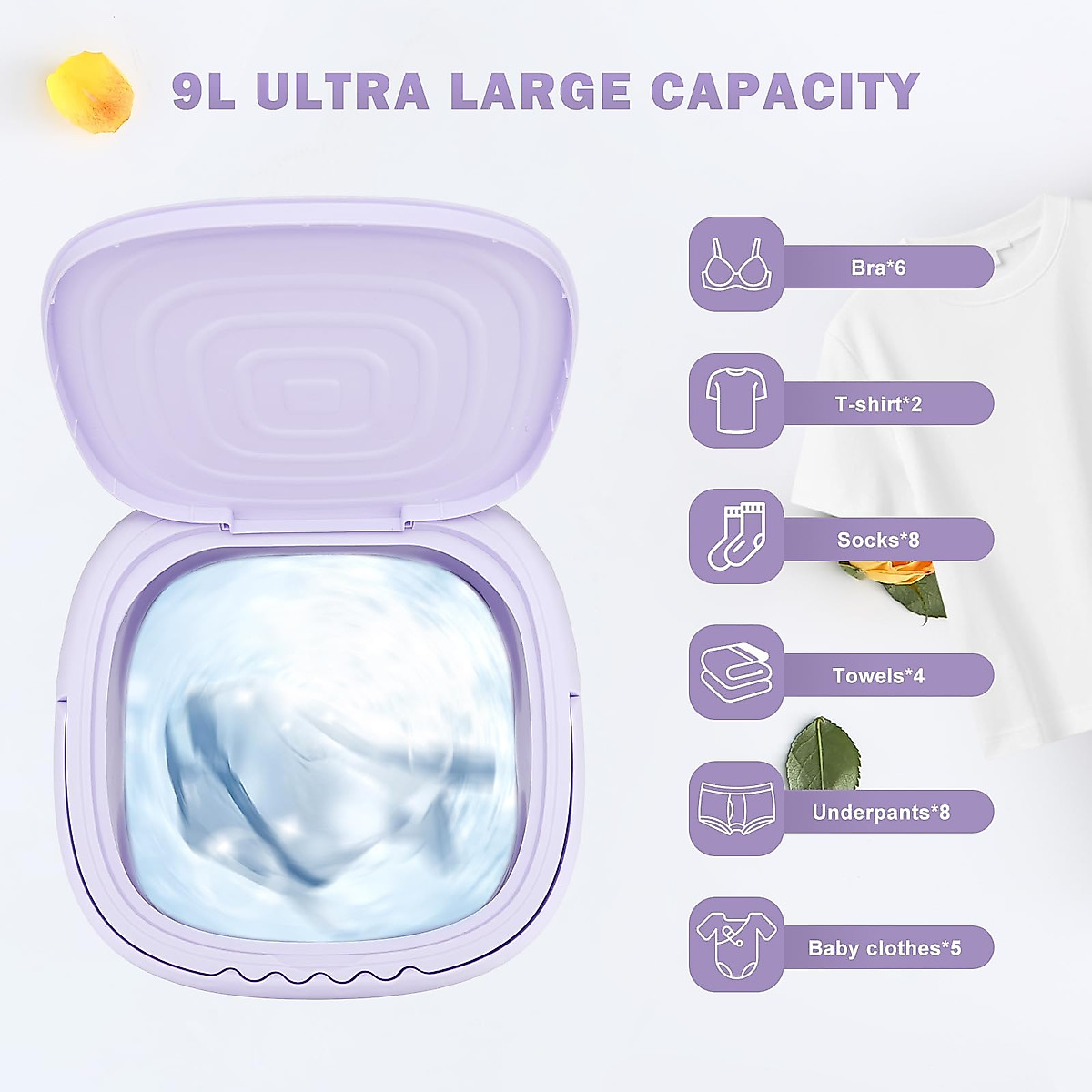 9L Portable Mini Washing Machine Small Portable Washer And Dryer Combo With Clip, Portable Washer Machine Foldable Design For Underwear, Baby Clothes, And Small Items, Ideal For Apartments (Purple)