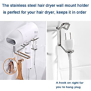 Hair Dryer Holder Wall Mounted Self Adhesive Blow Dryer Holder Stainless Steel Hair Dryer Rack Holder Silber Punching Free Shelf Storage for Bathroom/Bedroom/Washroom