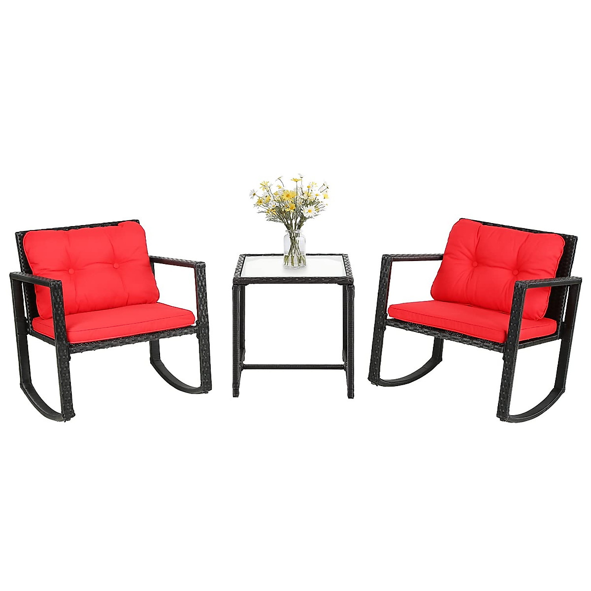 3 Pieces Rocking Bistro Set Wicker Patio Furniture Outdoor Conversation Sets Rattan Rocking Chairs with Red Cushions and Glass Coffee Table for Patio Porch Backyard Balcony Poolside Garden