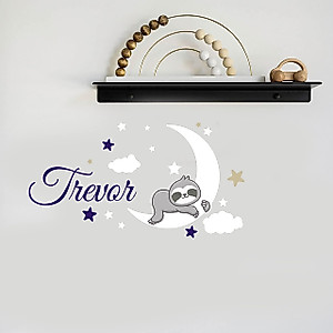 waldo Custom Name Sloth Moon Stars Nursery Wall Decal - WM45. Removable Nursery Wall Decal for Baby Room - Mural Wall Decal for Kids
