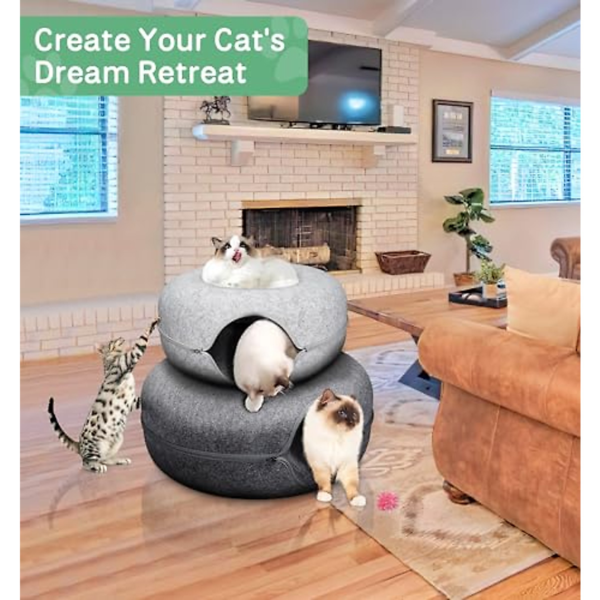 Gleejoy Peekaboo Cat Cave for Multiple Cats/Large Cats, Cat Caves for Indoor Cats Up to 30 Lbs, Cat Tunnel Bed, Scratch Detachable and Washable Large Donut Cat Bed, Dark Gray