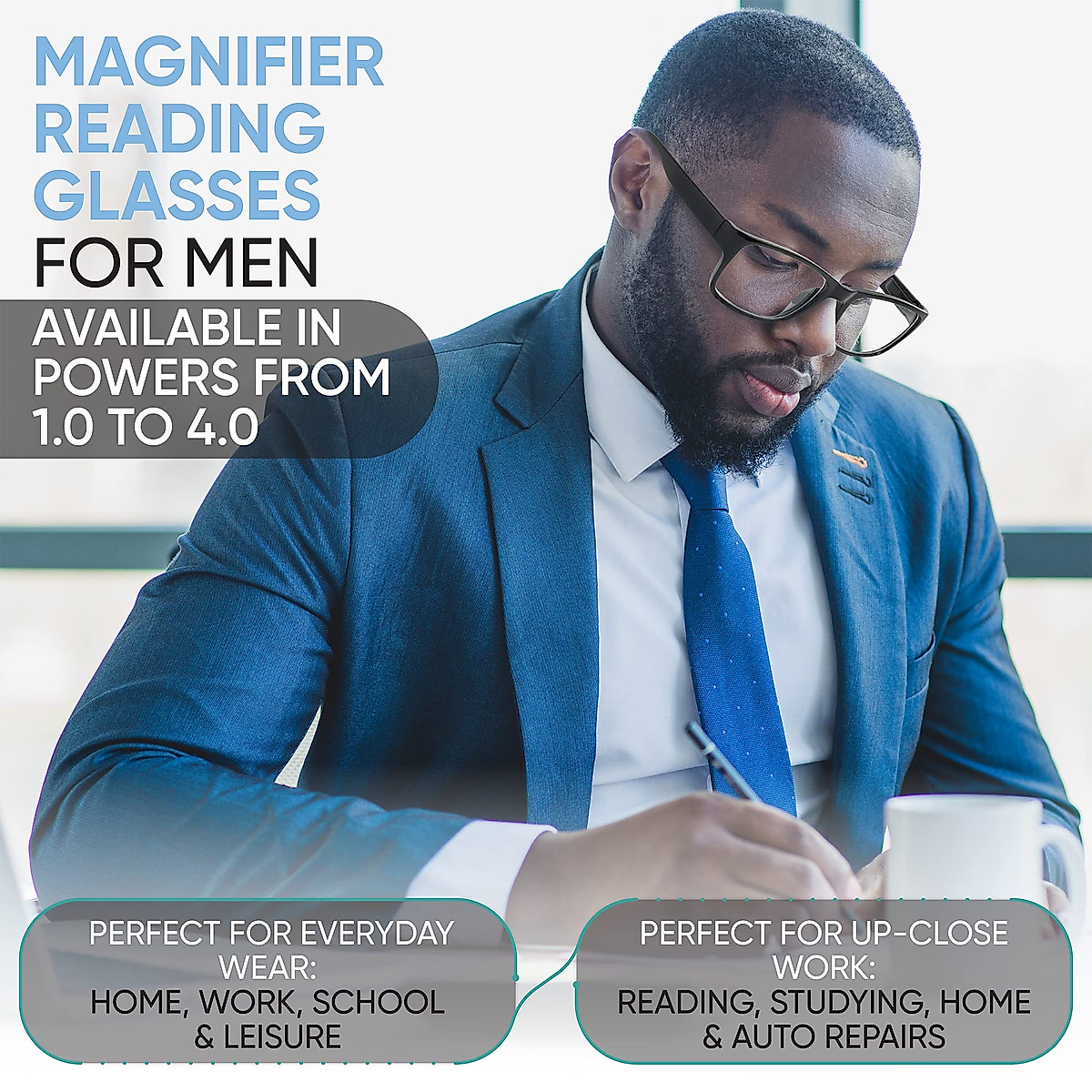 Yogo Vision Reading Glasses Men Women Readers Lightweight Eyeglasses Standard Fit Rectangle Style Anti Glare Filter 5 Pairs Black 2