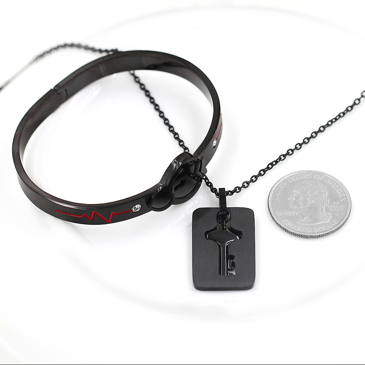 Uloveido Stainless Double Heart Infinity Love Lock Bangle Heartbeat Bracelet and Shield Key Pendant Necklace Couple Set for Men Women Y1891-Black