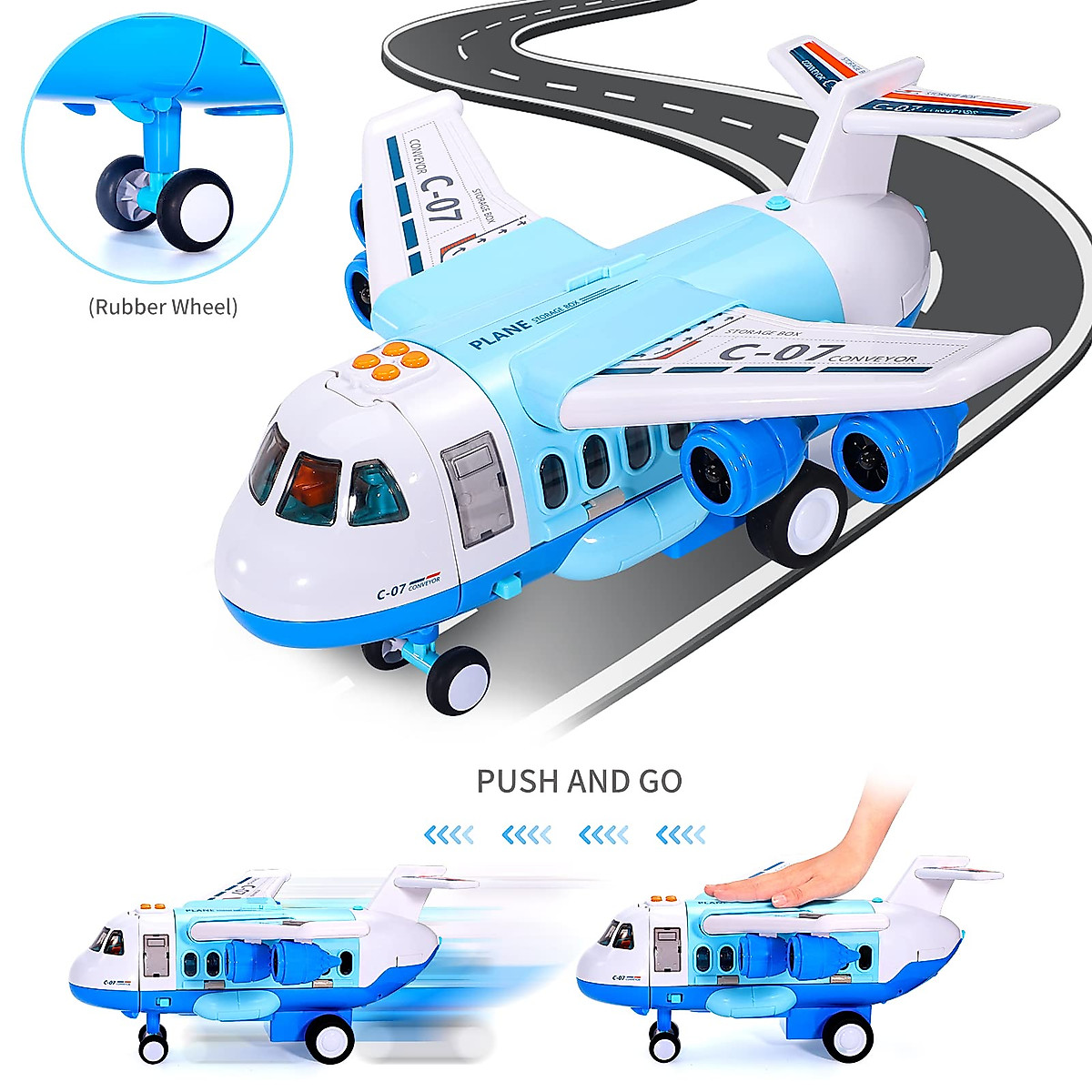 Bennol Spray Airplane Toys for Boys, Large Transport Cargo Airplane with 6 Construction Vehicle 10 Road Signs 1 Play Mat with Lights Sounds, Christmas Birthday Gifts for 3 4 5 6 7 8 Year Olds Boys