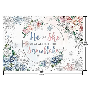 AIBIIN 7x5ft Winter Snowflake Gender Reveal Backdrop He or She Boy or Girl Silver Glitter Pink Blue Floral Photography Background What Will Our Little Snowflake Be Party Decoration Banner Photo Booth