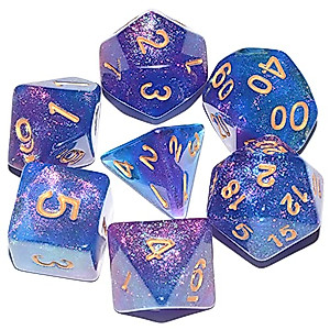 Galaxy DND Dice 7Pieces, Glitter Sparkle Cosmic Purple Blue Mixed Polyhedral DND Dice for RPG MTG Table Game Dice