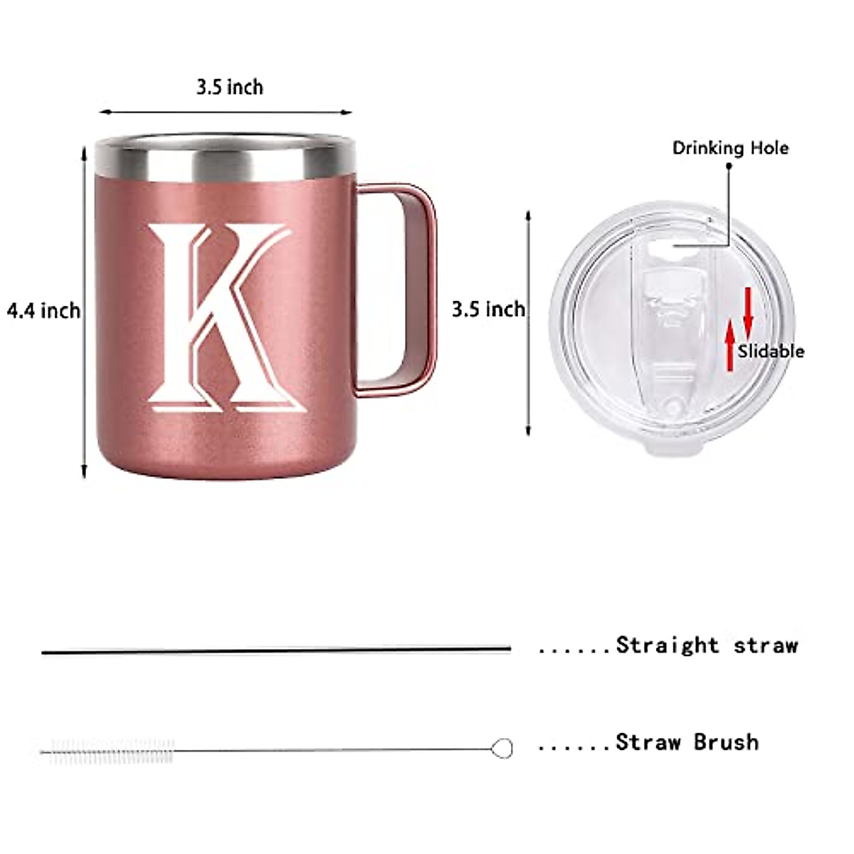 Aletege Letter K Stainless Steel Insulated Mug with Handle, Personalized Initial Mug, Gifts for Women Men Wedding Birthday Graduation Party Letter K 12OZ Rose Gold