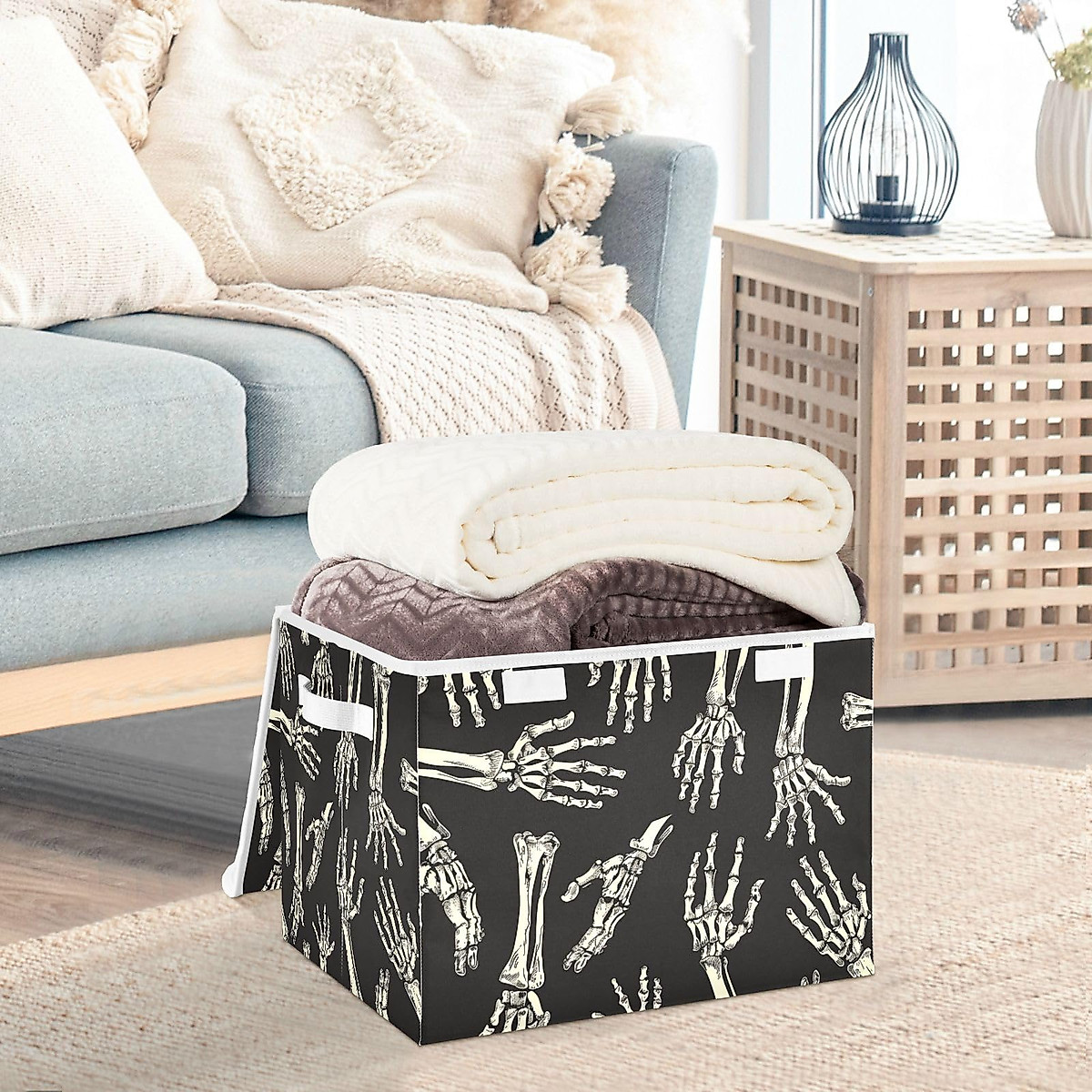 senya Halloween Baskets Collapsible Storage Bins with Lids, Skeleton Hands Halloween Storage Boxes Clothes Baskets for Organizing