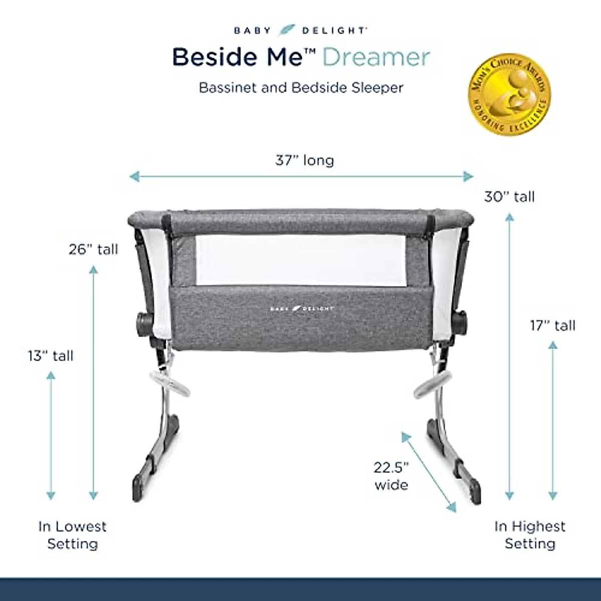 Baby Delight Beside Me Dreamer Bassinet | Bedside Sleeper | 6-Position Height Adjustment | Charcoal Tweed