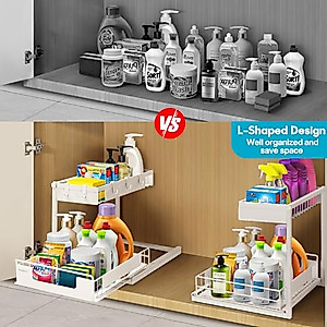 Large Under the Sink Organizer Bathroom, 2-Tier Kitchen Under the Sink Organizers and Storage with 4 Hooks, Cabinet Storage Shelves No Drilling Rustproof Stainless Steel Pull Out Shelf, White