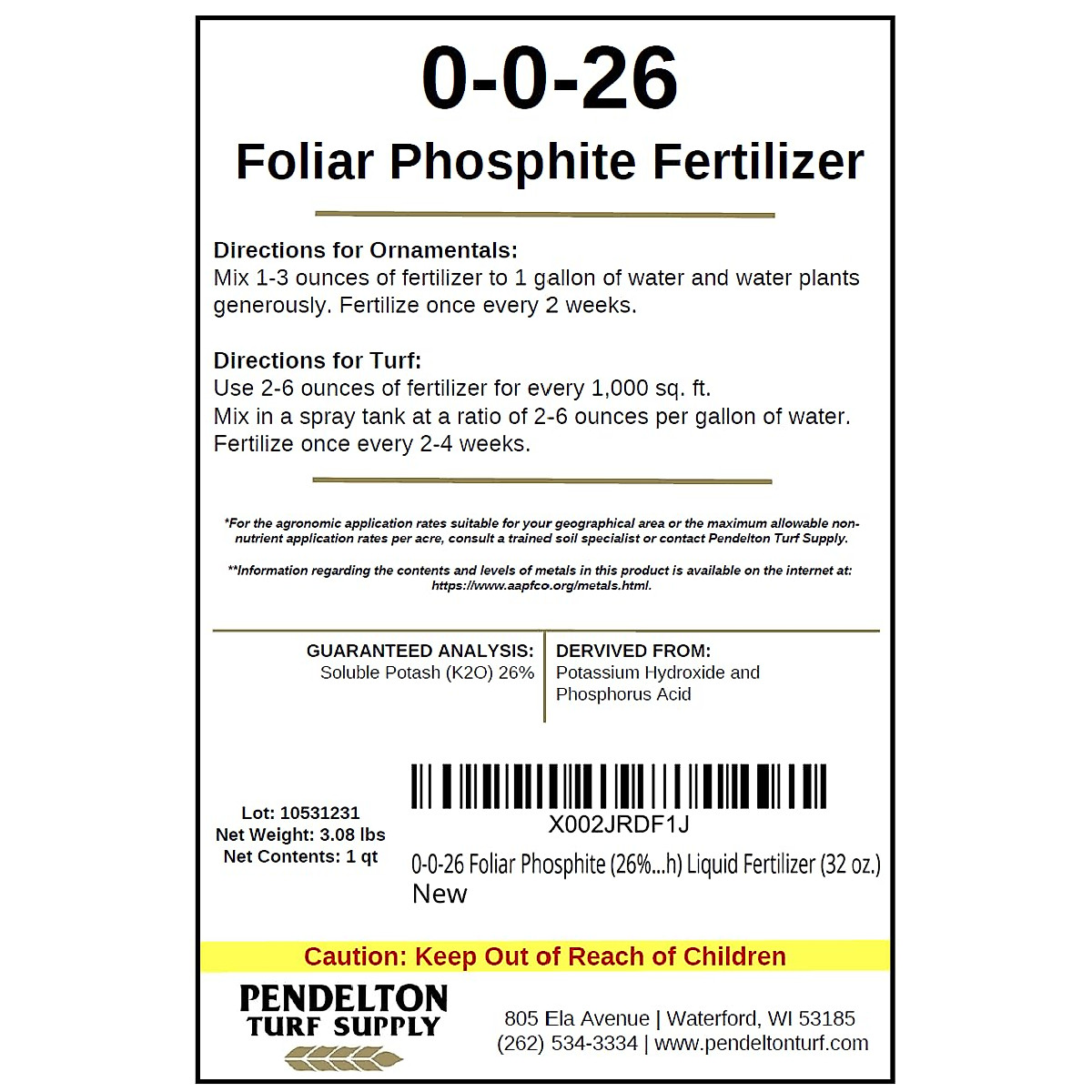 0-0-26 Foliar Phosphite (26% Soluble Potash) Liquid Fertilizer (32 oz.)