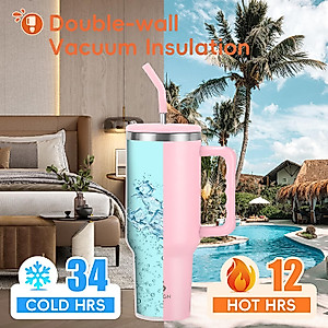 VUSIGN 40 oz Tumbler with Handle and Straw Lid, Stainless Steel Vacuum Insulated Tumbler Travel Mug Water Bottle Cup for Water Iced Tea Coffee Smoothie Car, Blush