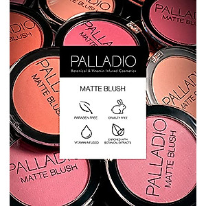 Palladio Matte Blush, Brushes onto Cheeks Smoothly, Soft Matte Look and Even Finish, Flawless Velvety Coverage, Effortless Blending Makeup, Flatters the Face, Convenient Compact, Berry Pink