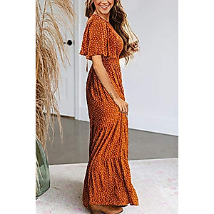 Women's Summer Dresses 2023 Round Neck Flutter Short Sleeve Casual Flowy Smocked Floral Maxi Long Dress Caramel L