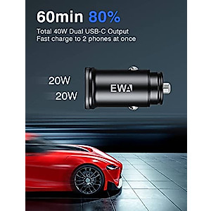 EWA USB C Car Charger, 40W(20W+20W) Dual PD Port Smallest iPhone 13 Car Charger, All Metal Car Charger Adapter, Fast Charging Compatible with iPhone 13/12/Pro/Pro Max/Mini/MagSafe, Galaxy S20/S10
