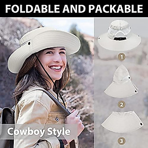 Sun Hats for Women Ponytail UV Protection Fishing Hat Outdoor Wide Brim Beach Hat Foldable Summer Bucket Hat Safari - Neck Gaiter 5*Hair Ties, A-Beige