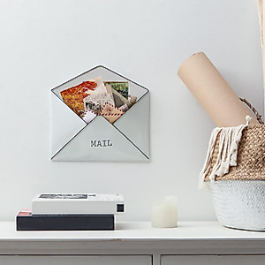 SOFFEE DESIGN Wall Mount Metal Mail Holder Envelope Shape Mail Organizer for Storage Postcard, Mail, Newspaper, Letter, Bill, Magazine, Home Office Wall Decor Hanging Letter Basket Mailbox - White