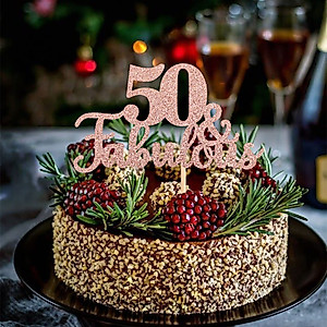 1 PCS 50 & Fabulous Cake Topper Glitter Fifty and Fabulous Cake Toppers Happy 50th Birthday Cake Pick for 50th Wedding Anniversary Birthday Party Cake Decorations Supplies Rose Gold