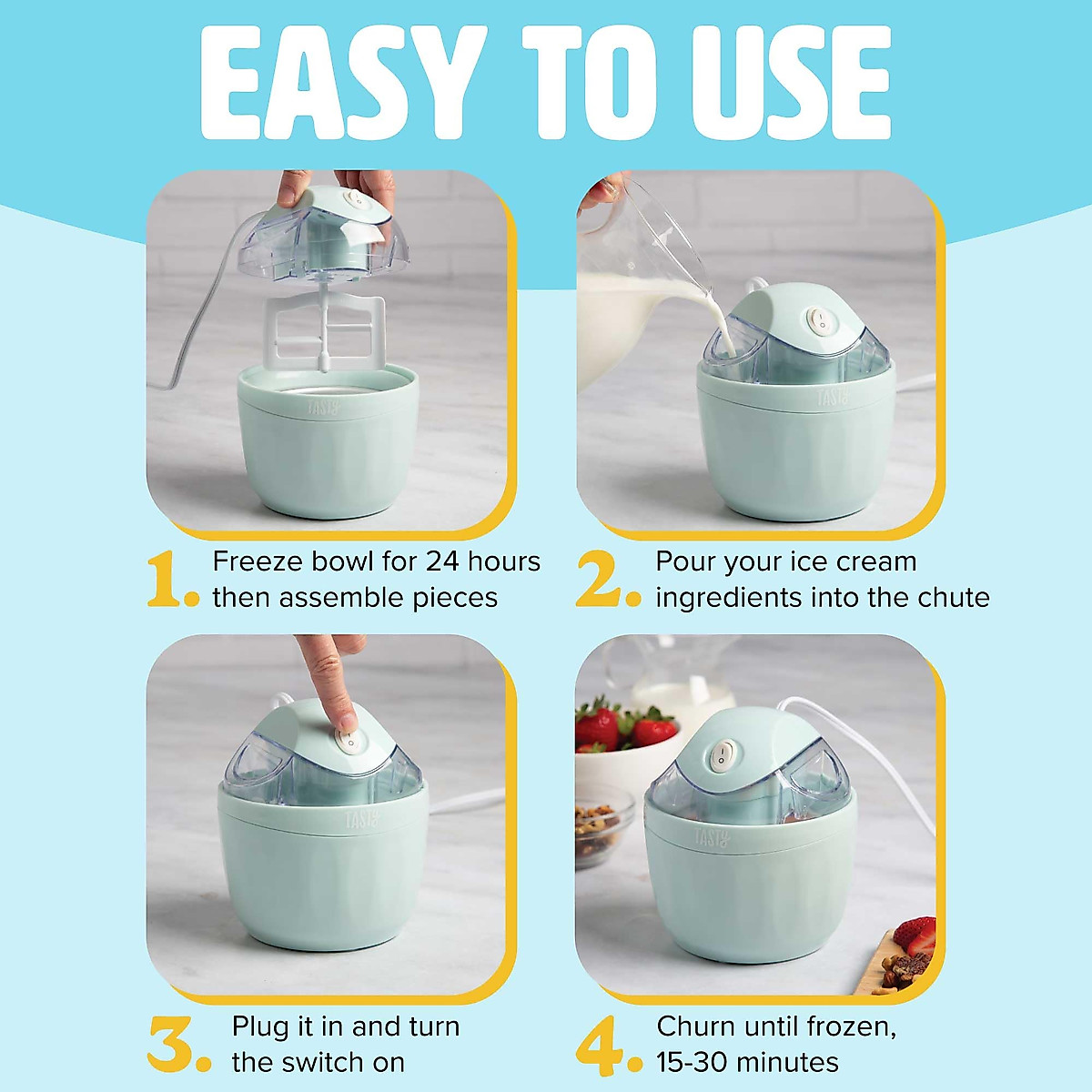 Tasty Mini Ice Cream Maker, Make Ice Cream, Sorbet, Frozen Yogurt, Gelato, Desserts, Quick Results, Single-Serve, Aqua
