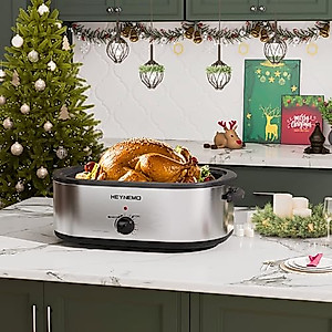 HEYNEMO Turkey Roaster Electric, 24 Quart Oven with Self-Basting Lid, Removable Pan and Rack, Adjustable Temperature Control Powerful 1450W Stainless Steel Oven, Silver