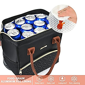 Lunch Bag Women, Reusable Insulated Lunch Box Large Wide-Open Water Resistant Adult Cooler Tote Bag for Work, Travel, Picnic – Black (Printed, Black)