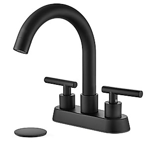 Cinwiny Matte Black Bathroom 4 Inch Centerset Sink Faucet SUS304 Double Handles Swivel Spout Deck Mount Mixer Tap with Pop-up Drain Lavatory Bathroom Vanity Faucets