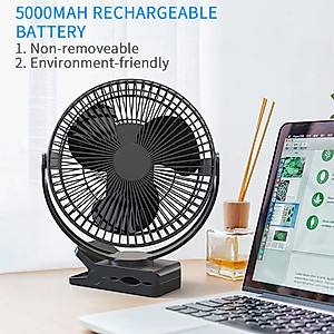zoolb 5000mAh Rechargeable USB Fan, 8-Inch Battery Operated Clip on Fan for Golf Car & Stroller, 4 Speeds Personal Fan, Strong Airflow, Portable Fan for Office Desk Outdoor Travel Camping Tent Gym