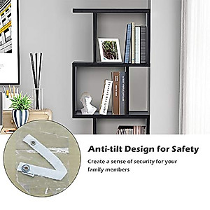 Giantex 4 Tier Bookshelf S Shaped Bookcase, Multifunctional Wooden Display Decor Furniture, Free Standing Industrial Storage Rack for Living Room Bedroom Office, Modern 4 Shelf Bookcase (Black, 1)