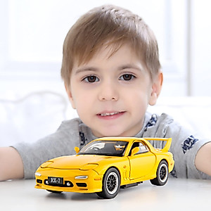 TGRCM-CZ 1/32 Scale RX-7 Model Car, Zinc Alloy Toy Car with Sound and Light for Kids Boy Girl Gift Metal Body, Door can be Opened Yellow