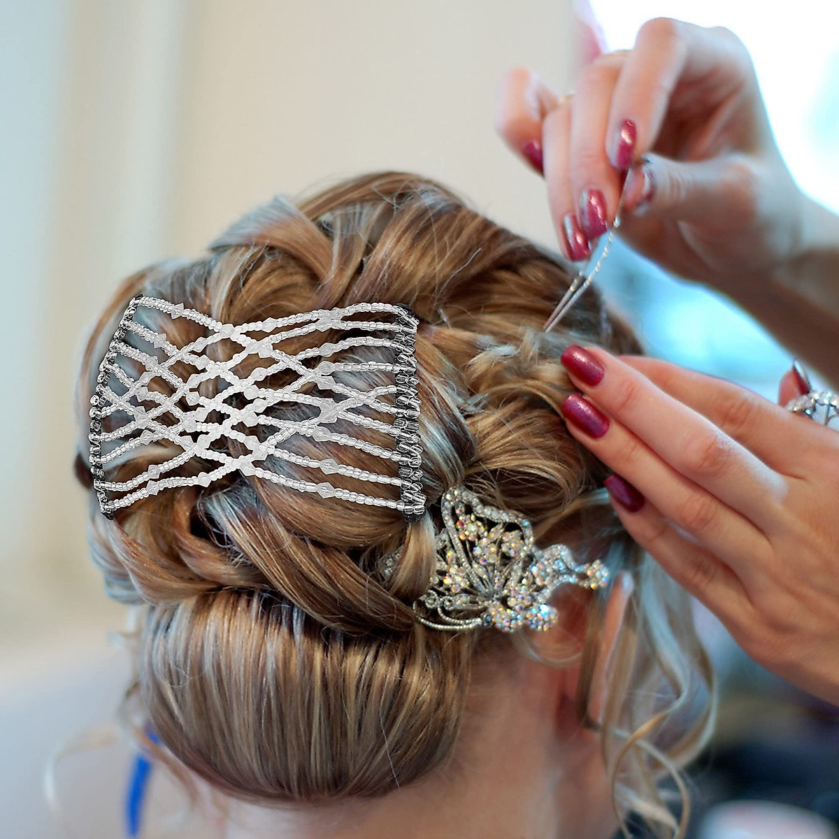 CCbeauty 6 Pcs Magic Hair Comb Elastic Beaded Hair Clips Women Decorative Accessories,Bride Double Slides Stretching Hairpins Combs for Ladies Girls Popular Hairstyles