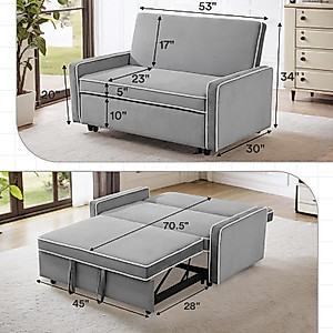 Rovibek 3 in 1 Convertible Sleeper Sofa Bed Pull Out Couch Futon Loveseat Velvet Chaise Lounge with 2 Pockets and 2 Pillows for Living Room, Ash Grey