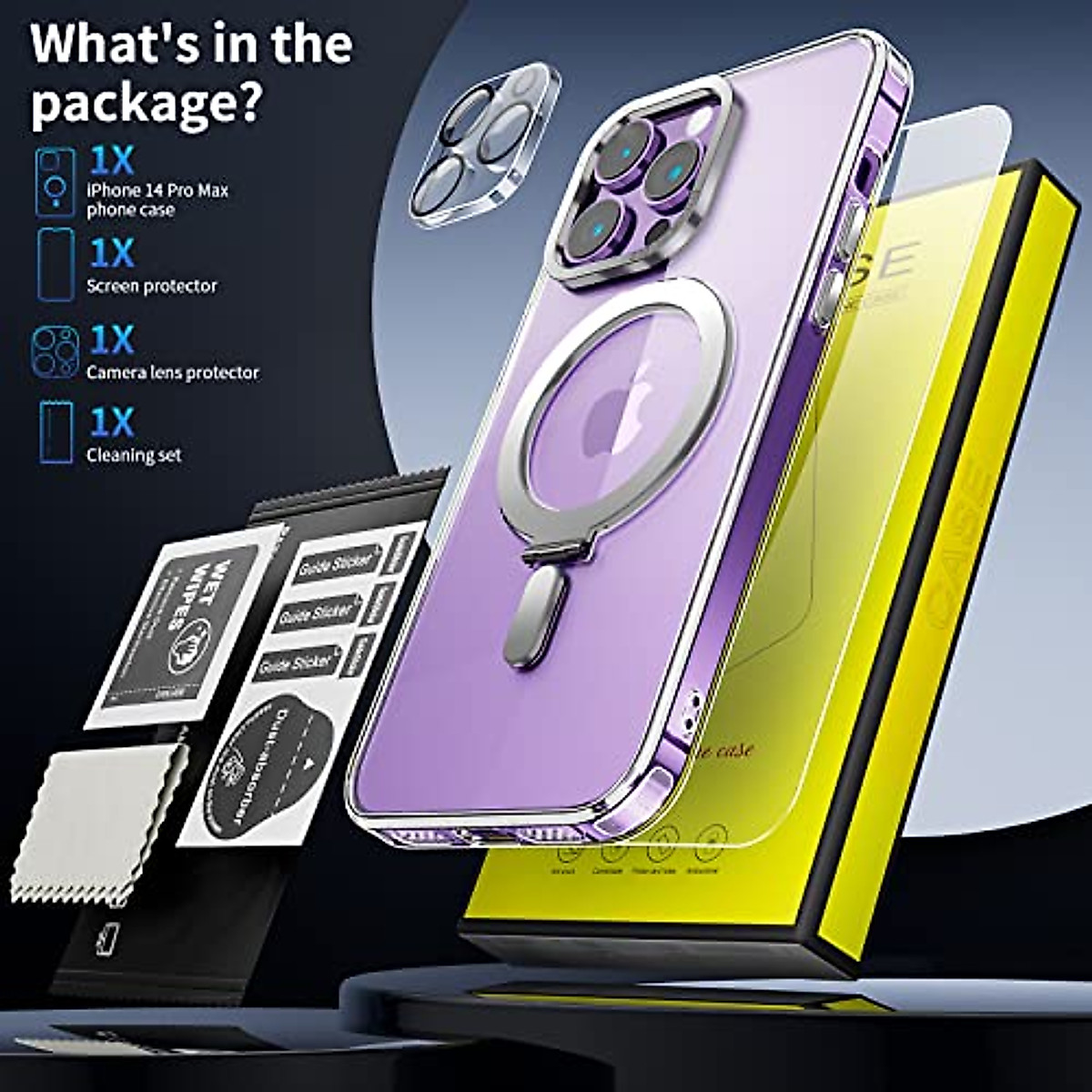 niufoey Magnetic Case for iPhone 14 Pro Max Clear Case with Invisible Stand,[Compatible with Mag Safe][Translucent Matte Case][Tempered Glass Screen Protector+Camera Lens Protector] 6.7 Inch, Clear