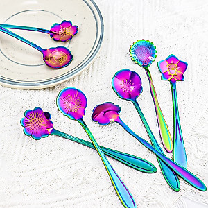 8 Pieces Rainbow Flower Spoon Coffee Teaspoon Set, LEEFONE Stainless Steel Reusable Tea Spoon Sugar Spoon Ice Tea Spoon Stirring Spoon Dessert Cake Spoon, 8 Different Patterns