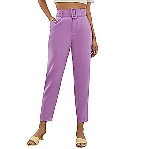 SweatyRocks Women's High Waist Suit Pants Belted Crop Pencil Pants with Pockets Lilac Purple M