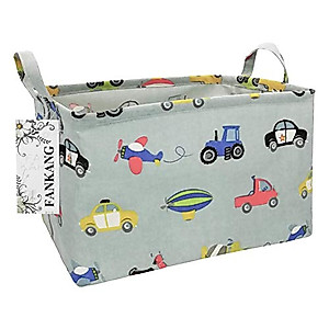 FANKANG Storage Bins Nursery Hamper Canvas Laundry Basket Foldable with Waterproof PE Coating Large Storage Baskets Gift Baskets for Kids, Office, Bedroom, Clothes,Toys (Cars)