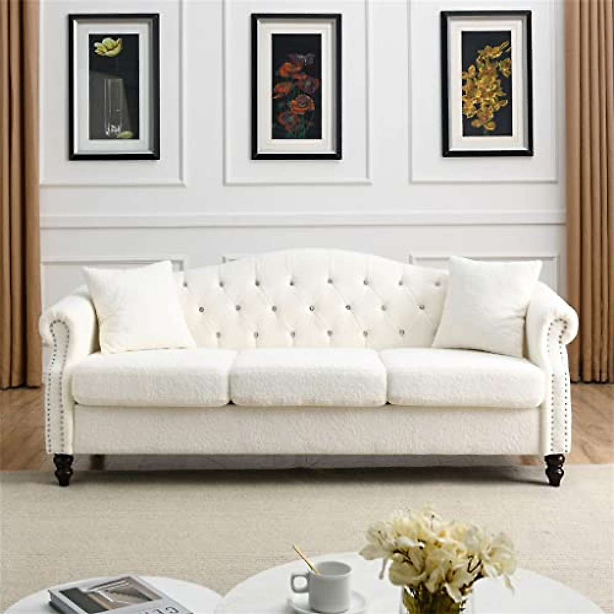 JFGJL 79" Sofa White for Living Room, 3 Seater Sofa Tufted Couch with Rolled Arms and Nailhead Two Pillows