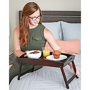 BirdRock Home Bamboo Bed Tray - Wooden Curved Sides Breakfast Serving Tray with Folding Legs - Walnut